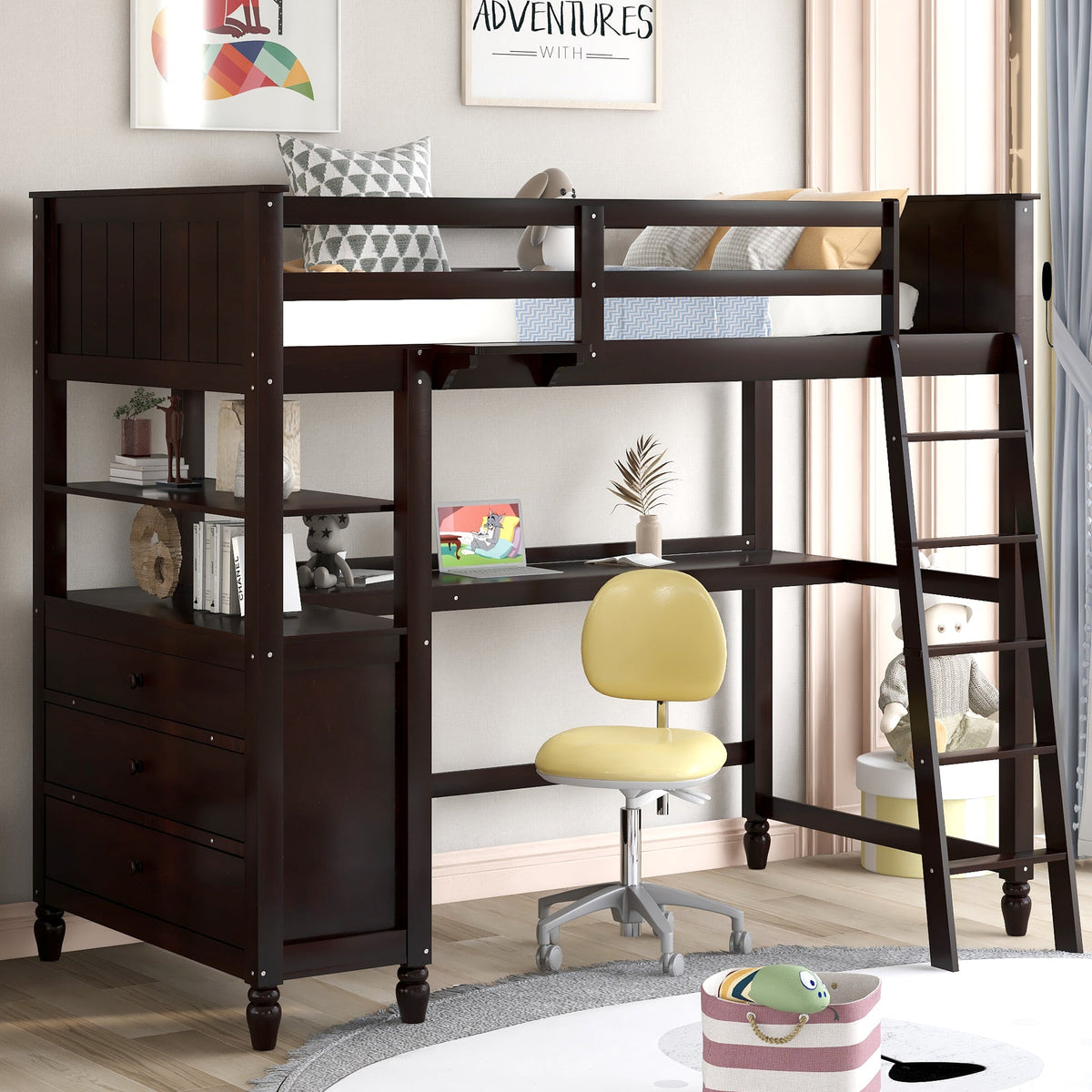 Twin size Loft Bed with Drawers and Desk, Wooden Loft Bed with Shelves ...
